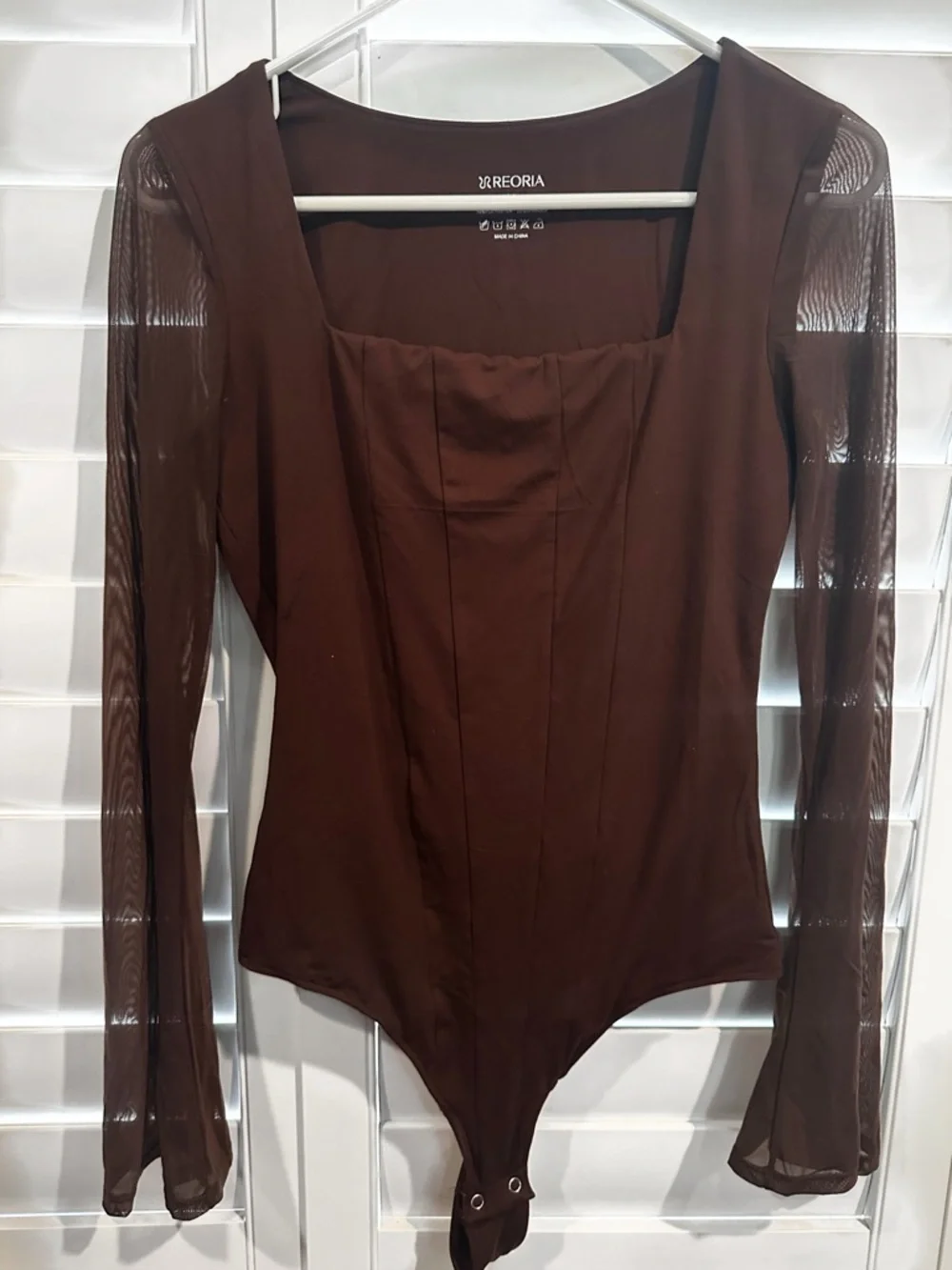 ReoRia | Tops | Reoria Chocolate Brown Sheersleeve Square Neck Bodysuit ...